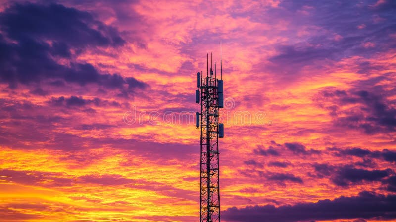 Cell Tower Against a Vibrant Sunset Sky, Communication Technology ...