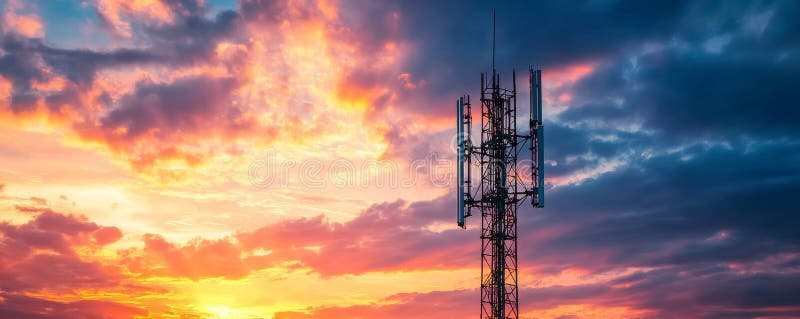 Cell Tower Against a Vibrant Sunset Sky, Telecommunications Concept ...