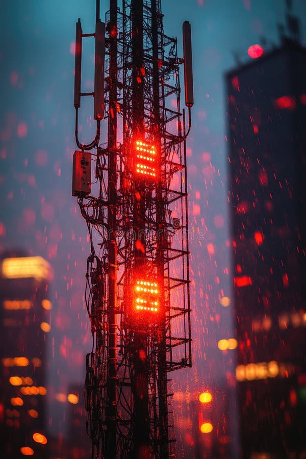 A Cell Tower with Many Lights Lit Up at Night, Possibly for Maintenance ...