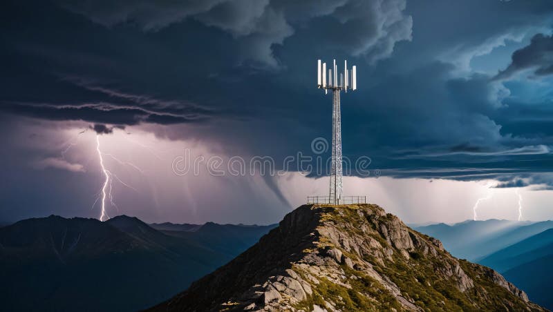 Cell Tower on Mountain Peak, Showcasing Telecommunications Amidst Dynamic Weather with Storm ...