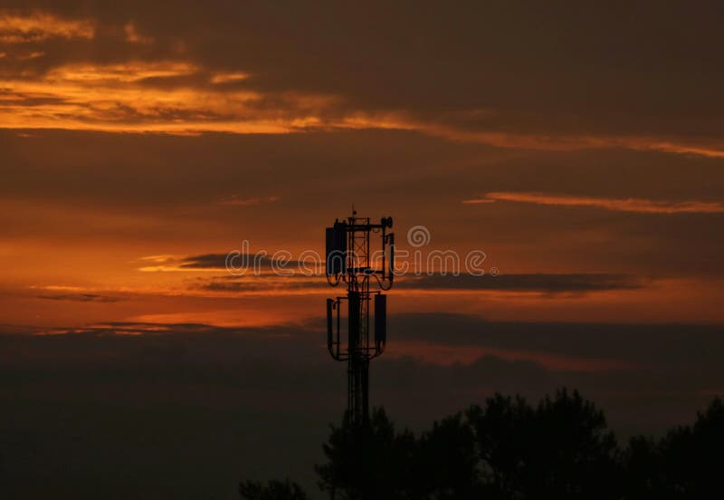 Cell Tower at Sunset, Customer Service Station Stock Image - Image of ...
