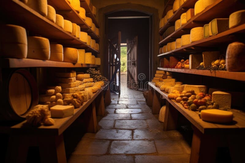 Cellar Door Opening To Reveal Rows of Aging Cheeses Stock Illustration ...
