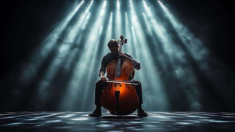 Cellist Performing on Stage, Illuminated by Spotlights, Smoky ...
