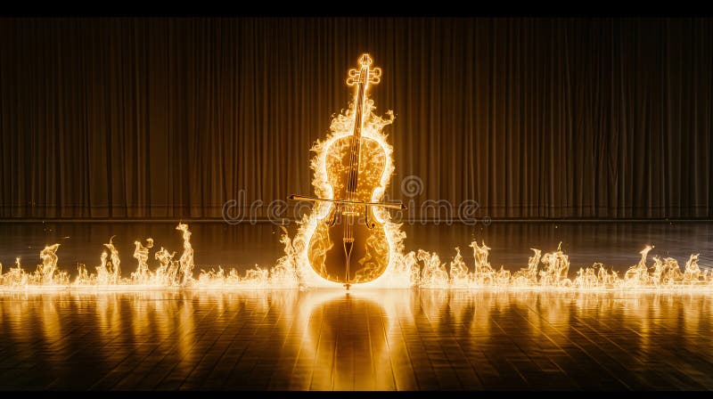 Cello Engulfed in Flames on Stage with Curtains in Background Stock ...