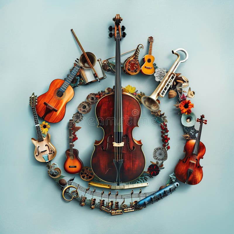Cello Centerpiece Surrounded by Various Musical Instruments and Objects ...