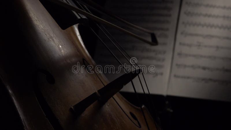 Cello Closeup with Sheets of Notes. Close Up. Side View Stock Footage ...