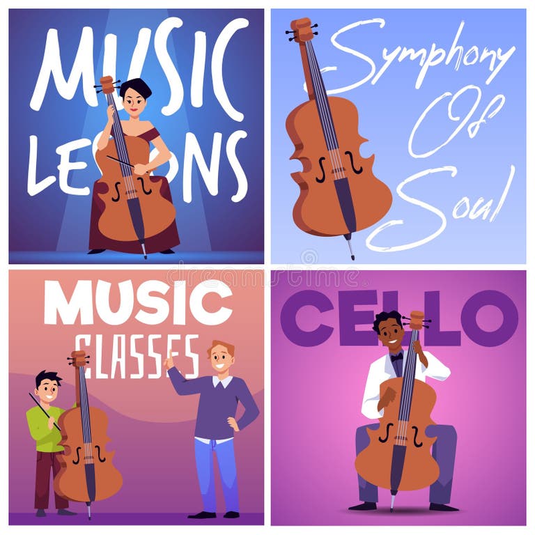 Cello Music Classes Banners or Posters Bundle Flat Vector Illustration ...