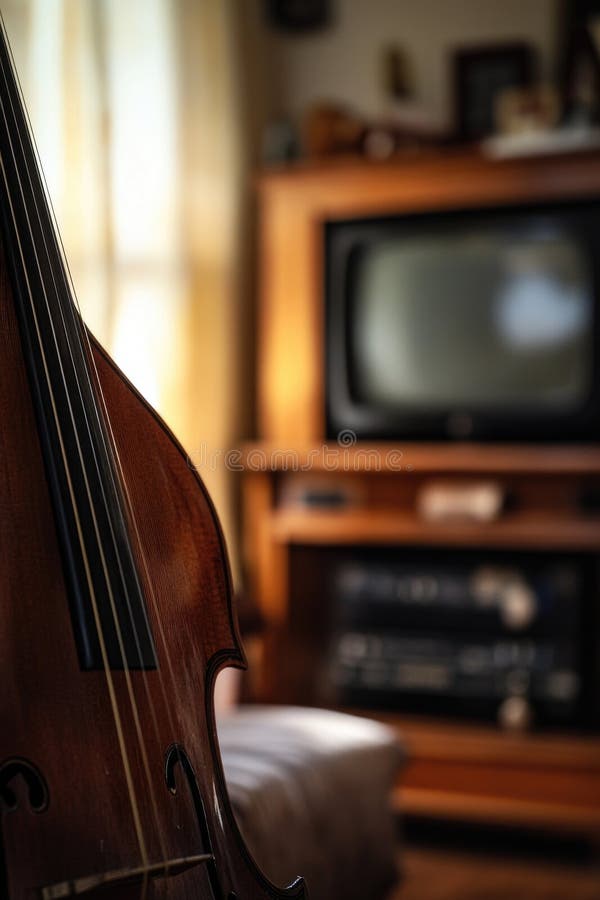 A Cello Placed on a TV Stand in a Cozy Living Room Setting Stock Image ...