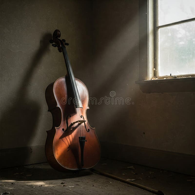 A Cello in the Rays of Light by a Window in a Dusty Room. Stock Image ...