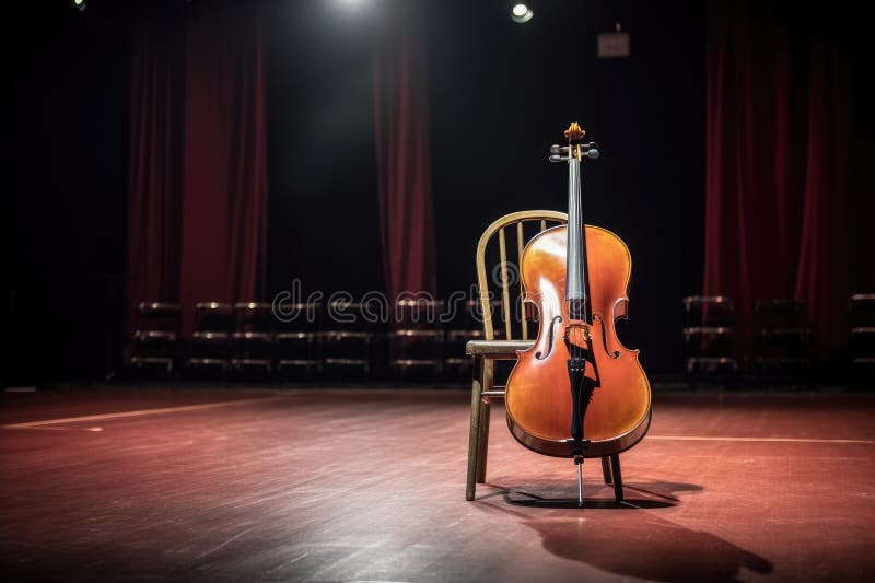 Cello Resting Against a Chair in an Empty Orchestra Pit Stock ...