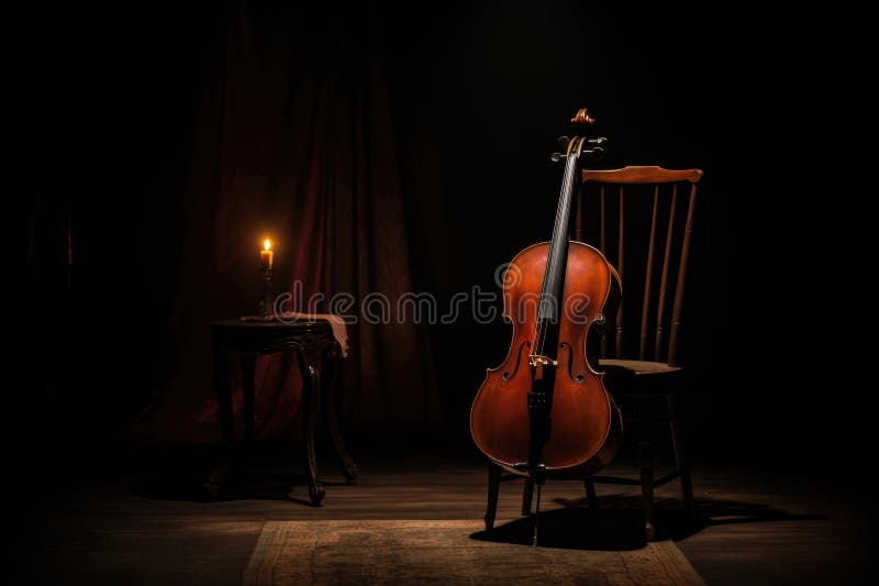 Cello Resting Against an Empty Chair on a Dimly Lit Stage Stock Image ...