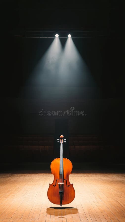 Cello Standing on Stage Under Spotlights in Empty Auditorium Stock ...