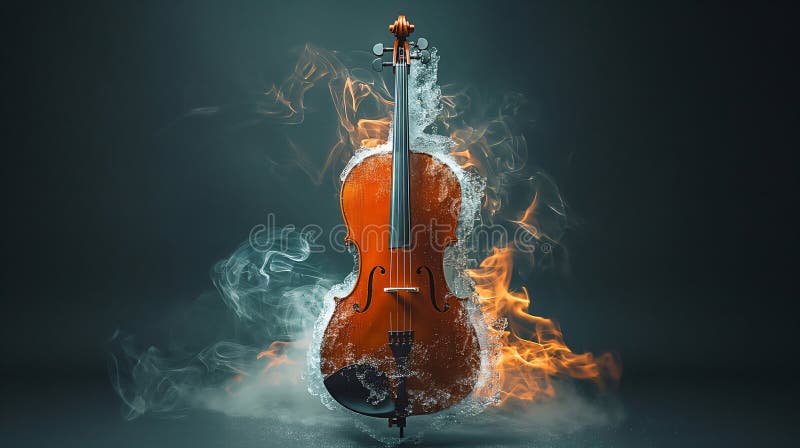 Cello Surrounded by Fire and Water with Smoke on Dark Background Stock ...