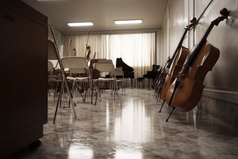 Cellos Resting in Music Room with Pianos and Empty Chairs Stock Photo ...