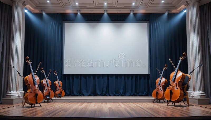 Cellos on Stage with Blank Screen Ready for a Musical Performance Stock ...
