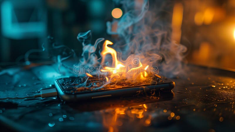 Cellphone on Fire after Overheating while Charging. AI Generated Stock ...