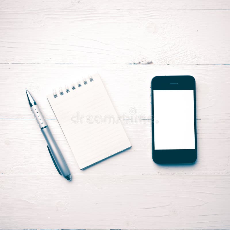 Cellphone with Notepad and Pen Vintage Style Stock Photo - Image of ...