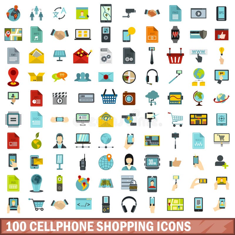 100 Cellphone Shopping Icons Set, Flat Style Stock Vector ...
