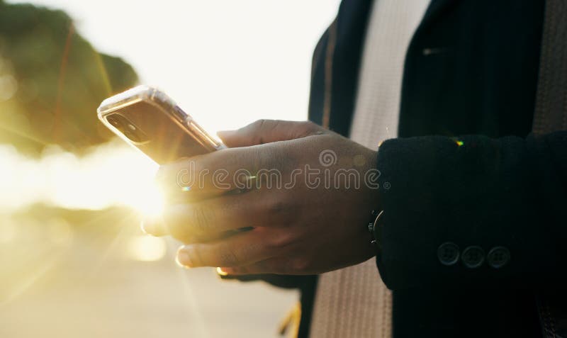 Cellphone, Texting and Sunrise for Commute To Work, Hands and ...