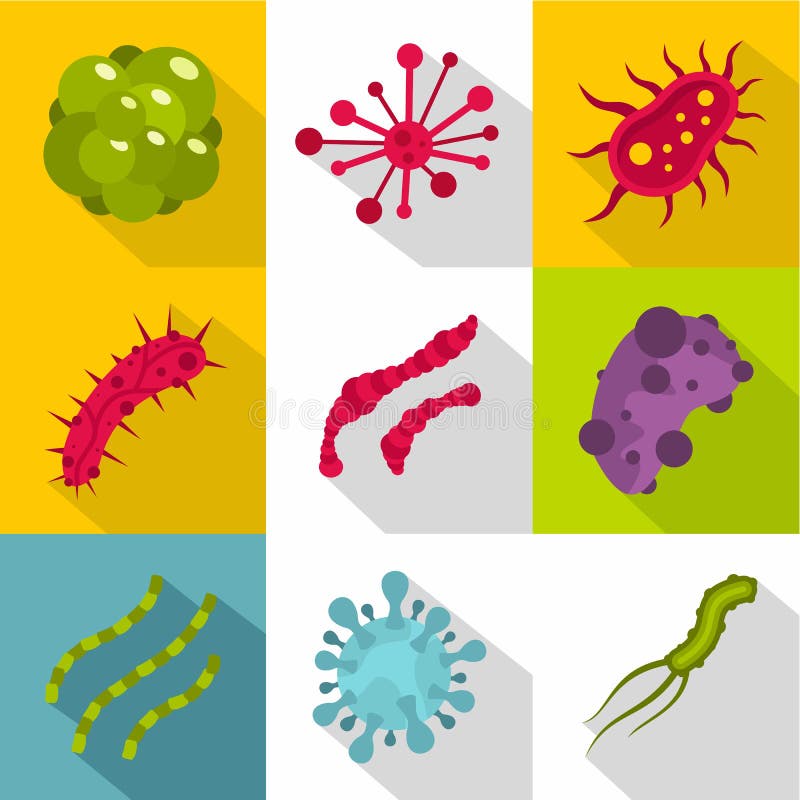 Microorganism Cells Icons Set, Flat Style Stock Vector - Illustration ...