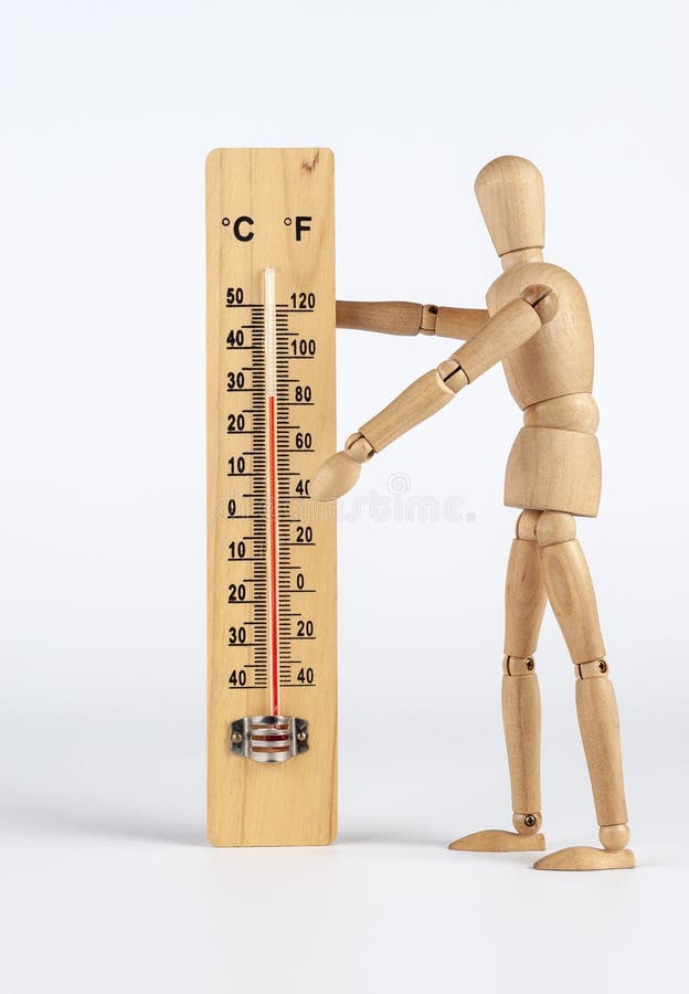 Hot Summer Weather, a Wooden Man Measures the Air Temperature. Stock ...