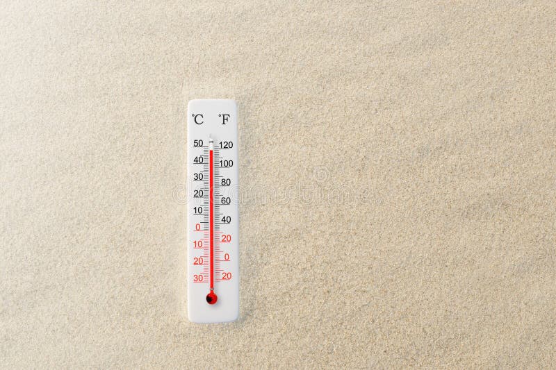 Celsius and Fahrenheit Scale Thermometer in the Sand. Ambient ...