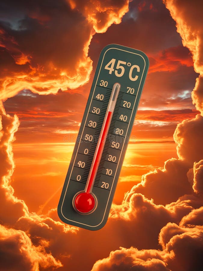Celsius Thermometer Tilted Against a Glowing Orange Sky with Intense ...