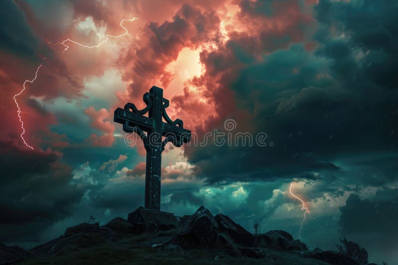 Celtic Cross on Hill with Thunderclouds and Lightning in the Blue and ...