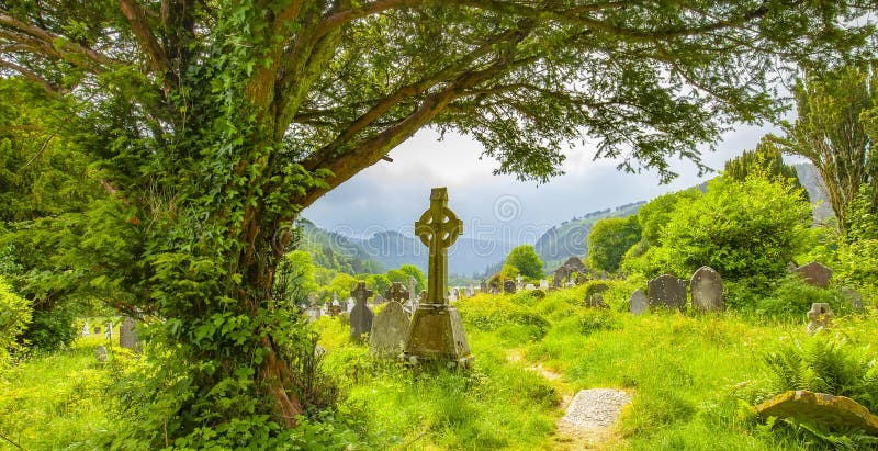 Celtic Cross in Old Irish Graveyard in Glendalough, Ireland Stock Photo ...
