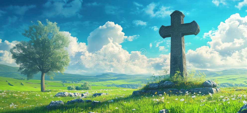 Celtic Cross in Serene Landscape with Lush Green Fields and Dramatic ...