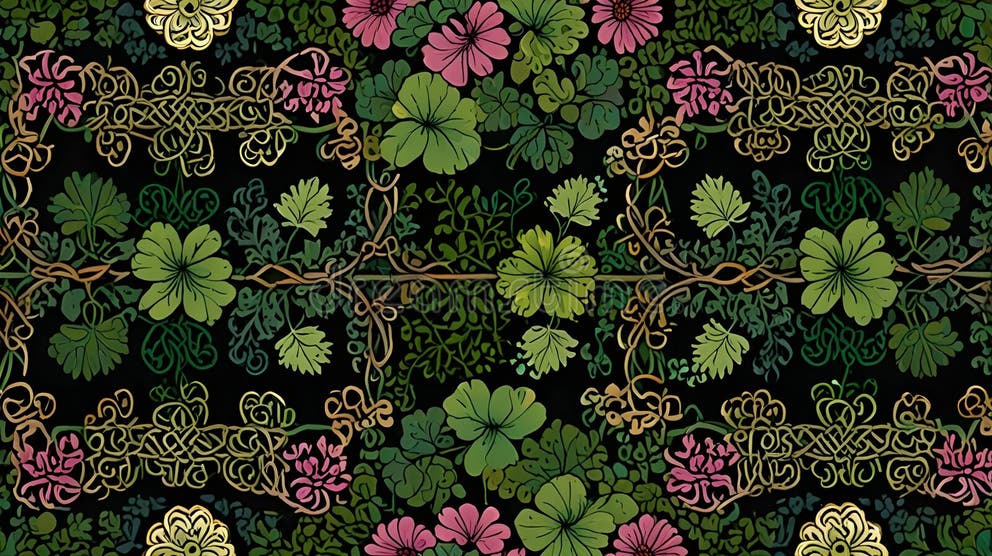 Celtic-inspired Floral Pattern with Shamrocks, Heather, and Ivy Stock ...