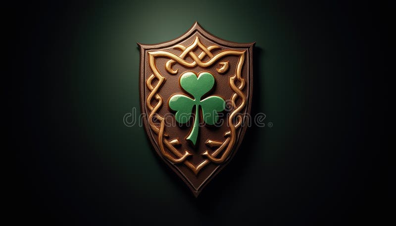 Celtic-inspired Shield with Bronze Details and Green Clover Emblem on ...