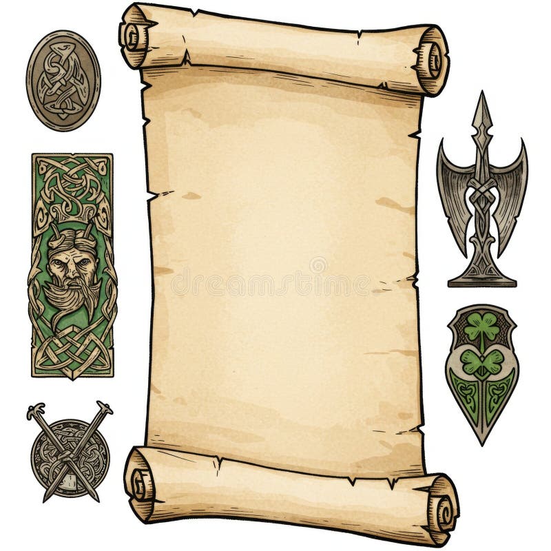 Celtic Knotwork Scroll with Metal Insignia Stock Illustration ...