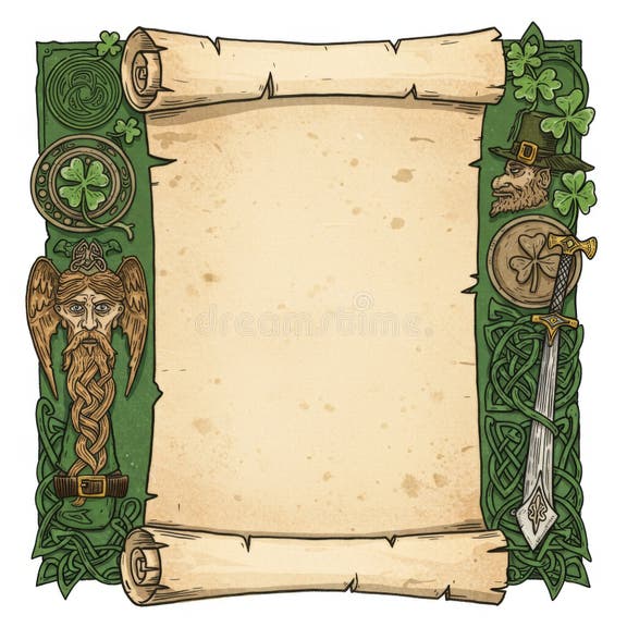 Celtic Scroll Border with Shamrocks and Leprechaun Stock Illustration ...