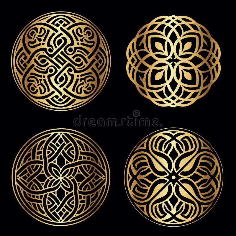 Celtic Style Round Golden Ornaments Vector Set on Black Background for ...