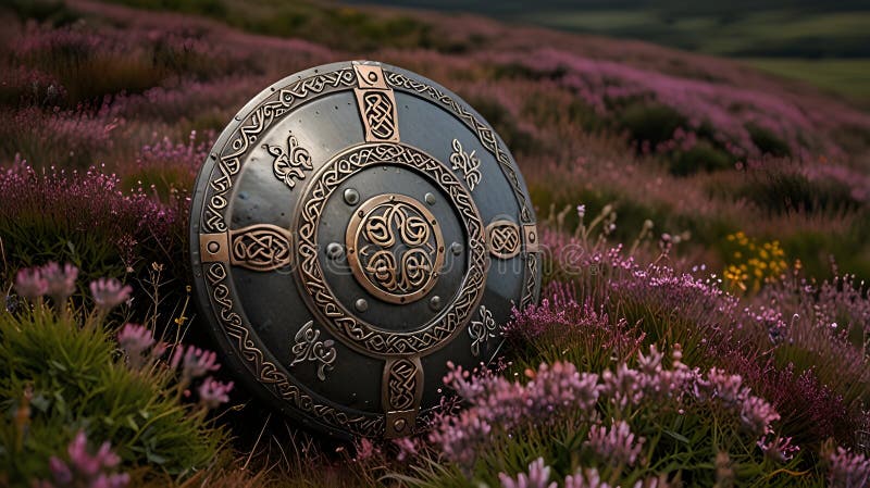 Celtic Warriorâ€™s Shield Resting in a Field of Heather and Wildflowers ...