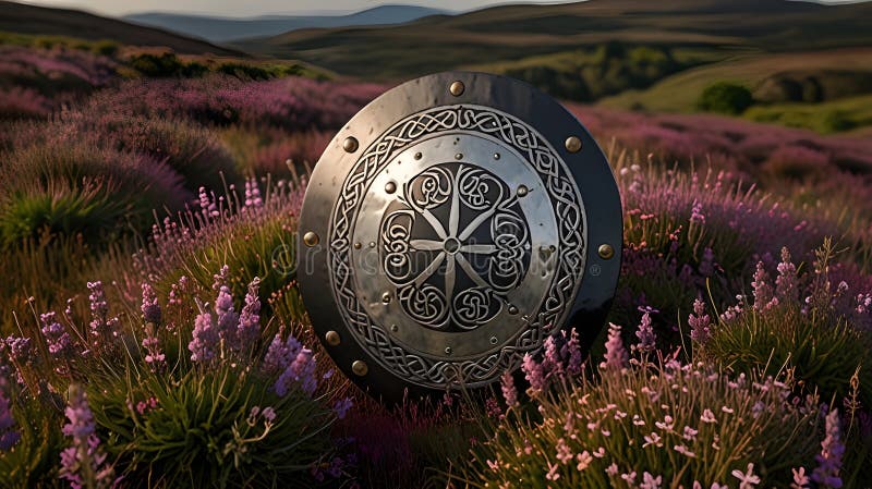 Celtic Warriorâ€™s Shield Resting in a Field of Heather and Wildflowers ...