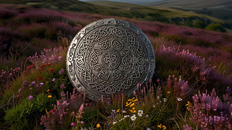 Celtic Warriorâ€™s Shield Resting in a Field of Heather and Wildflowers ...