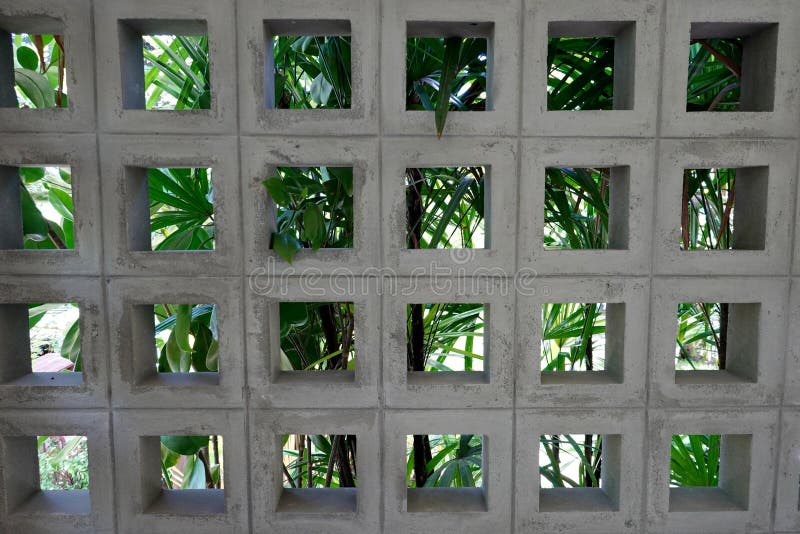 Cement Blocks Hole in Brick Wall,inside Green Trees Stock Photo - Image ...
