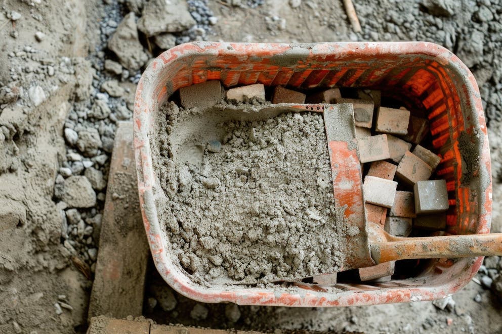 Cement Bucket Next To Pile of Bricks. Ideal for Construction Industry ...