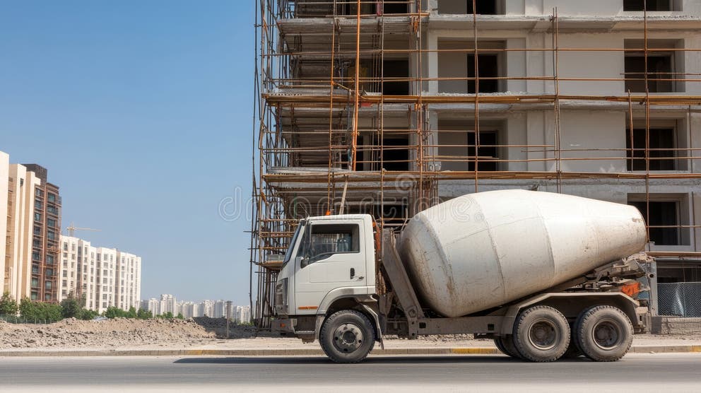 Cement Mixer Truck Driving Past a Construction Site, with Workers Busy ...