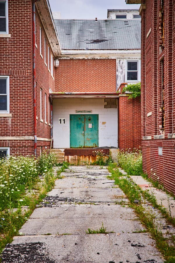 Cement Path into Abandoned Brick Buildings Green Backdoor Entrance ...