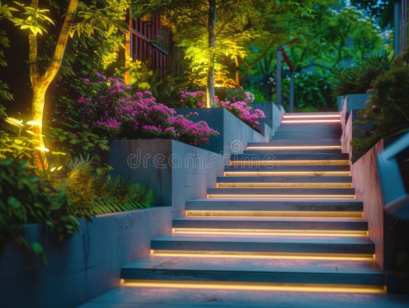 Cement Staircase with Illumination at Night Stock Image - Image of ...