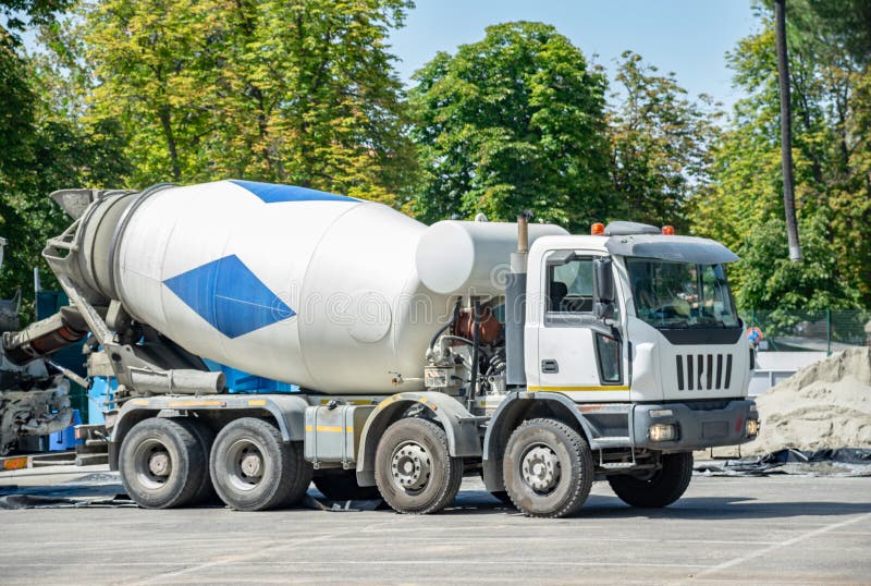 Cement Truck with Extended Hydraulic Systems Turning Cement Stock Photo ...