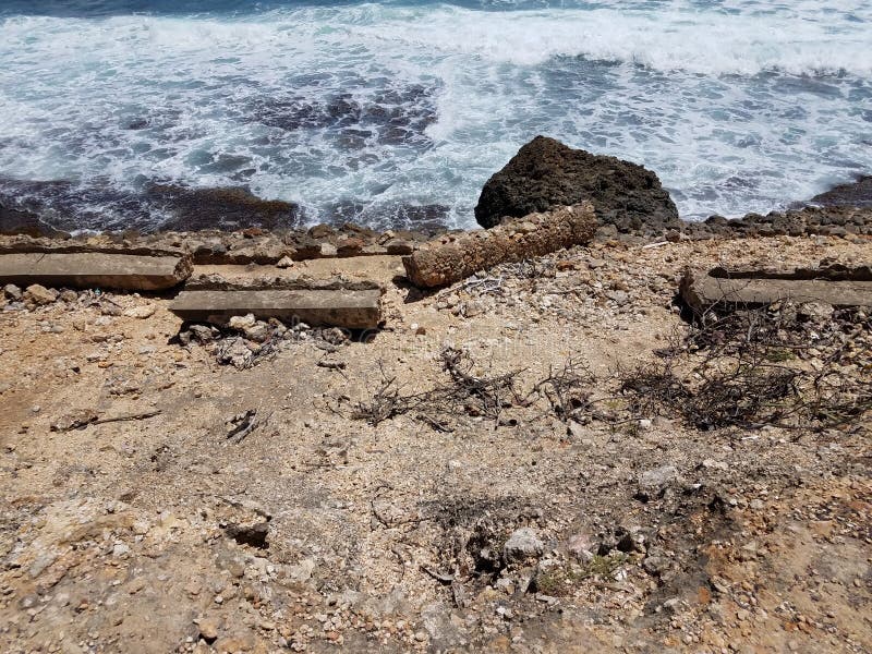 Cement Wall Ruins on Shore with Ocean Water Stock Image - Image of ...