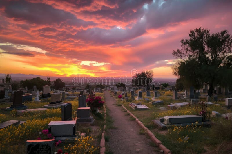 Cementary with Sunset, Sky Filled with Pinks and Oranges Stock ...