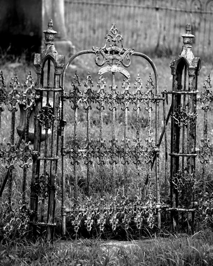 Cemetary Has Elaborate Victorian Gate Black and White Stock Image ...