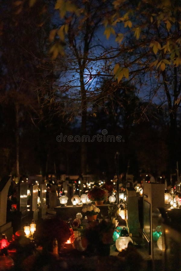 In the Cemetery in All Saints Day at Night Stock Image - Image of night ...