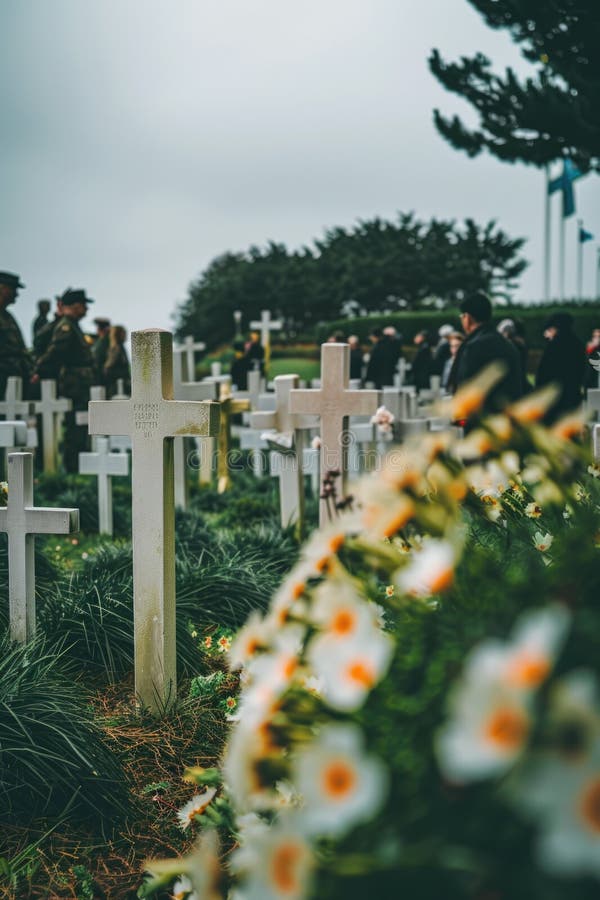 Cemetery Commemoration with White Crosses and Visitors Stock ...