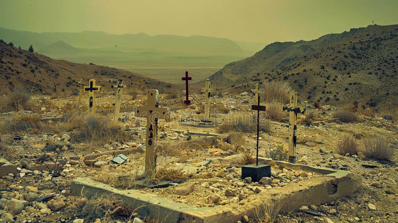 A Cemetery in the Desert with Crosses and Mountains Stock Photo - Image ...